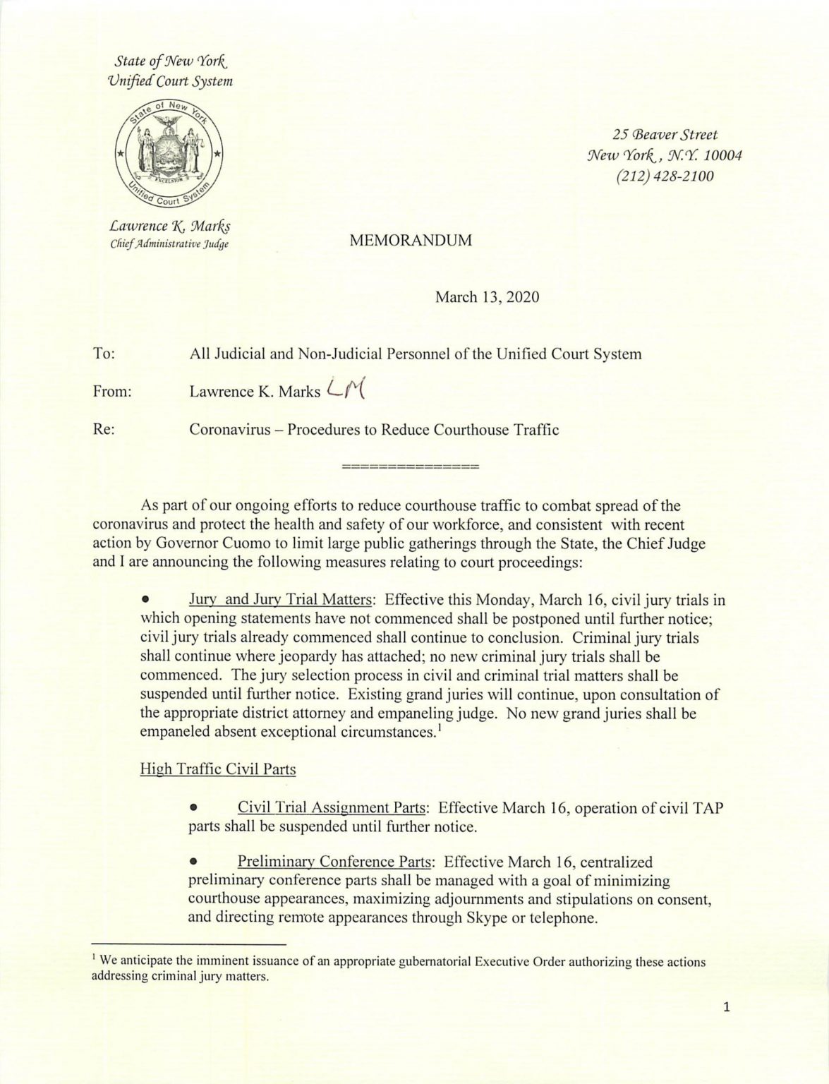 From the Chief Administrative Judge: Procedures to Reduce Courthouse ...